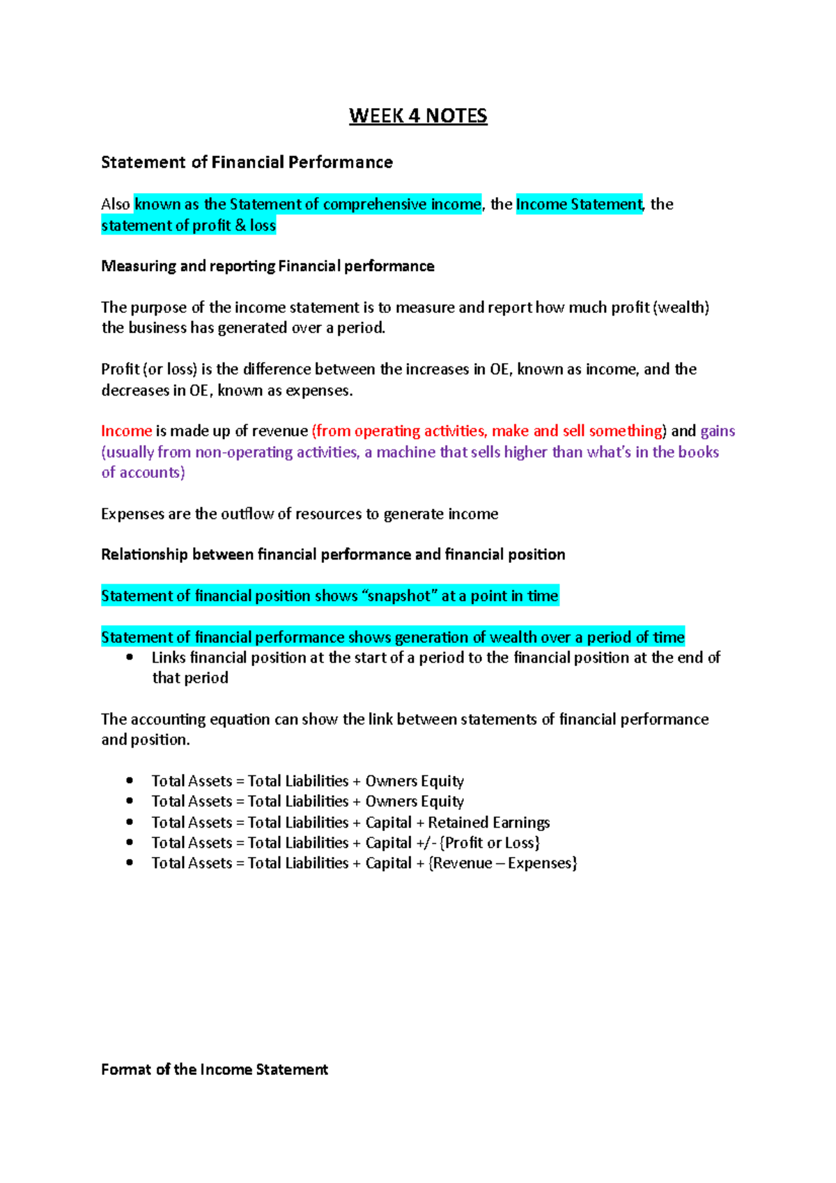 WEEK 4 Notes - mmmmm - WEEK 4 NOTES Statement of Financial Performance ...