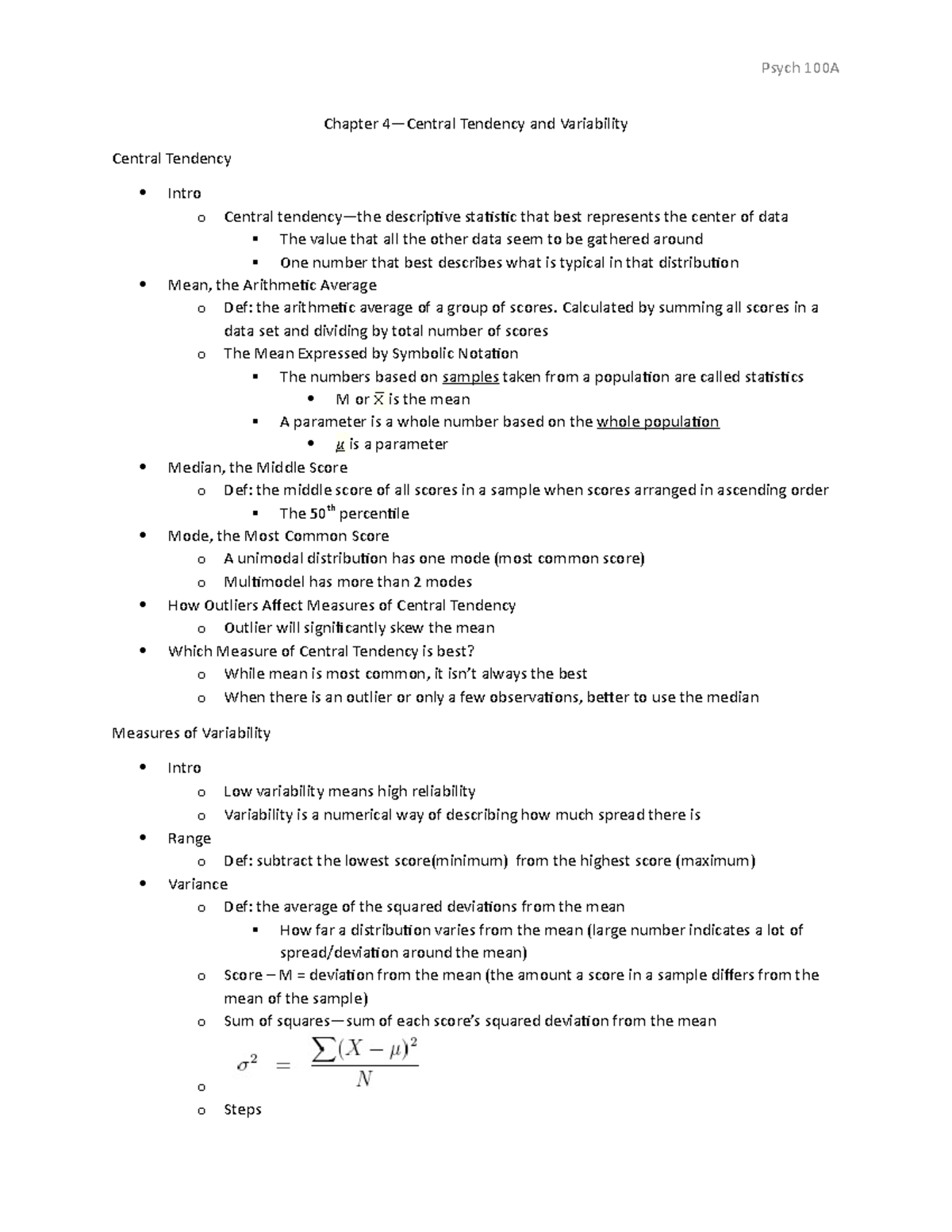 Chapter 4 Textbook Notes - Psych 100A Chapter 4—Central Tendency and ...