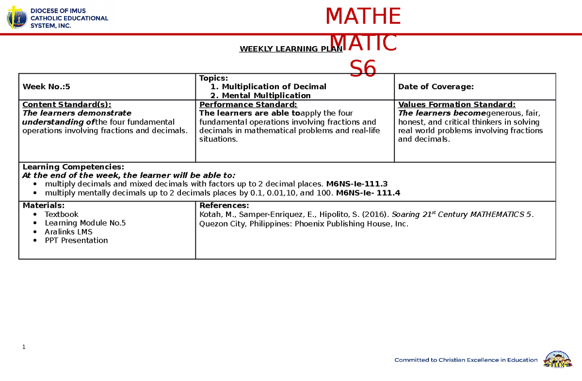 MATH-6 LP W5 - Good - MATHE MATIC S WEEKLY LEARNING PLAN Week No ...