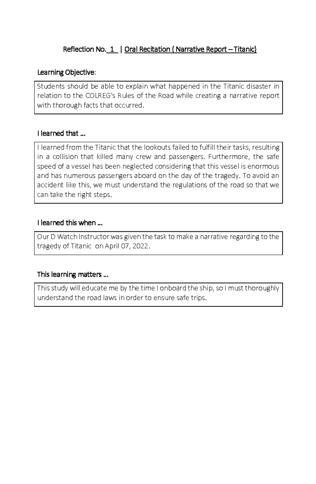 Activity Reflection 1 - Reflection No._ 1 _ | Oral Recitation ...