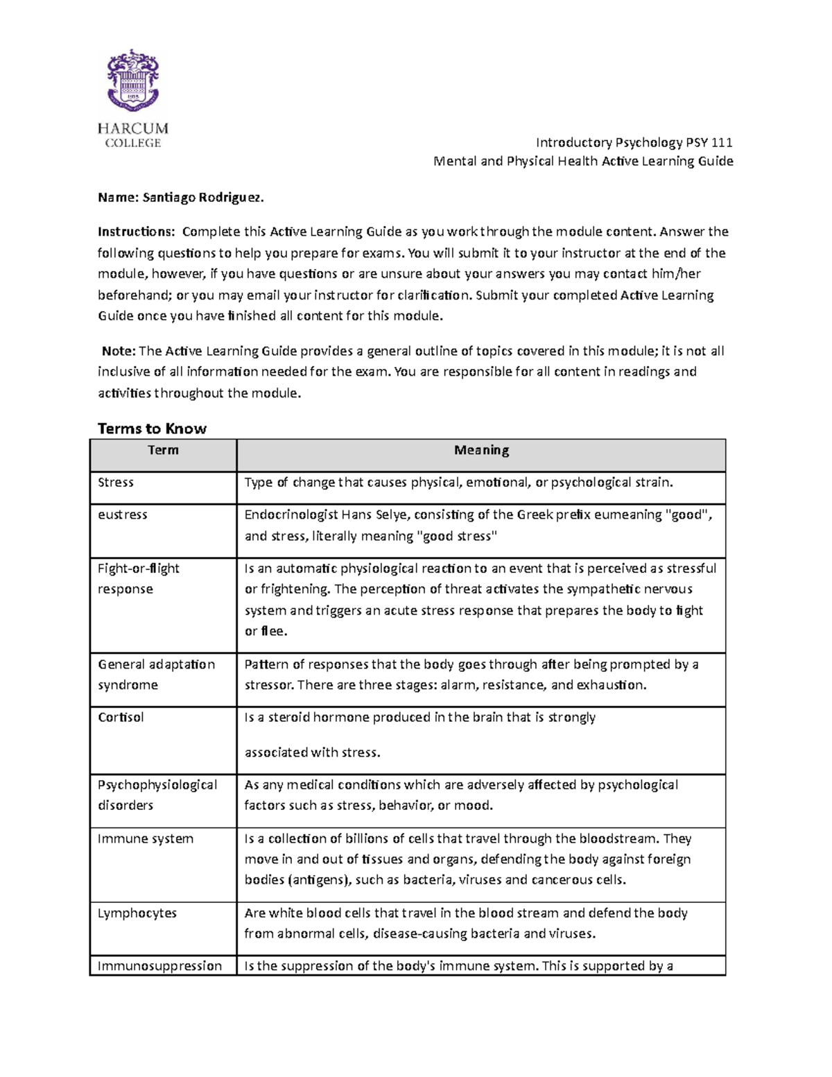 Mental and Physical Health Active Learning Guide - Instructions ...