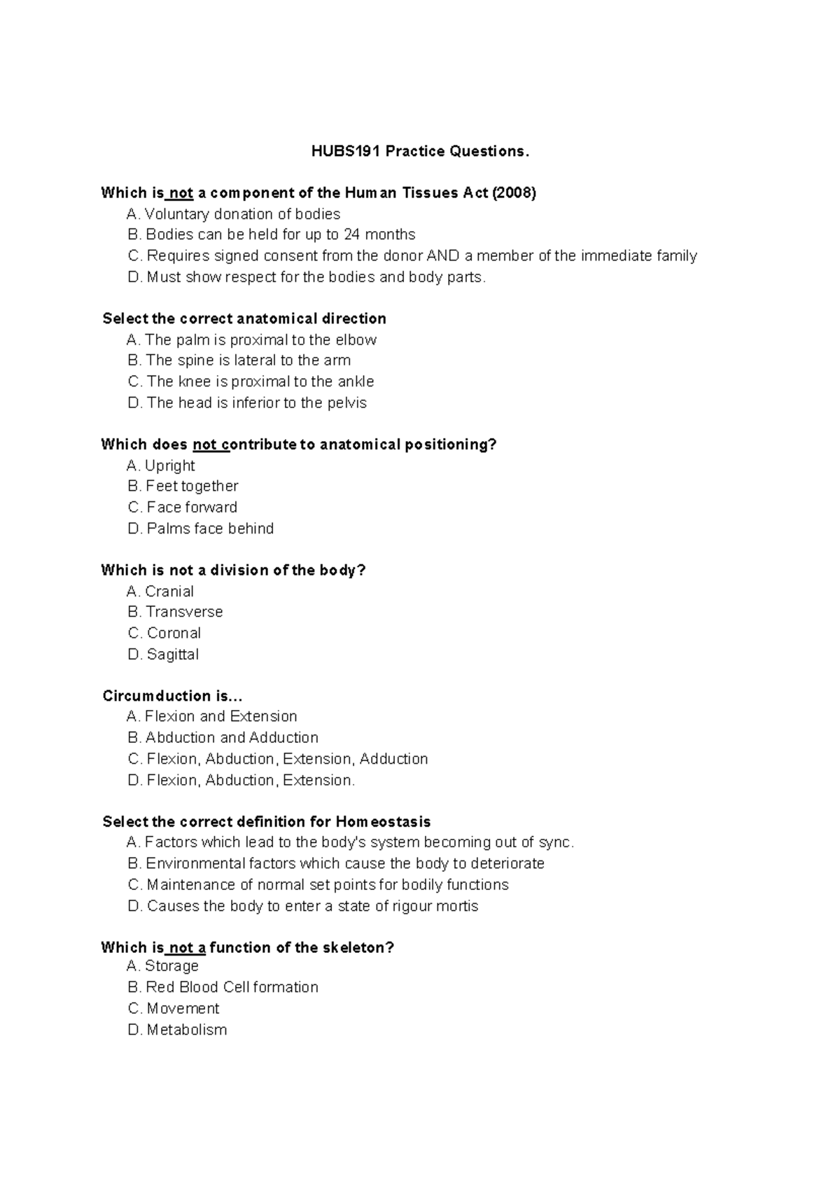 Practise HUBS test (no answers) - HUBS191 Practice Questions. Which is ...