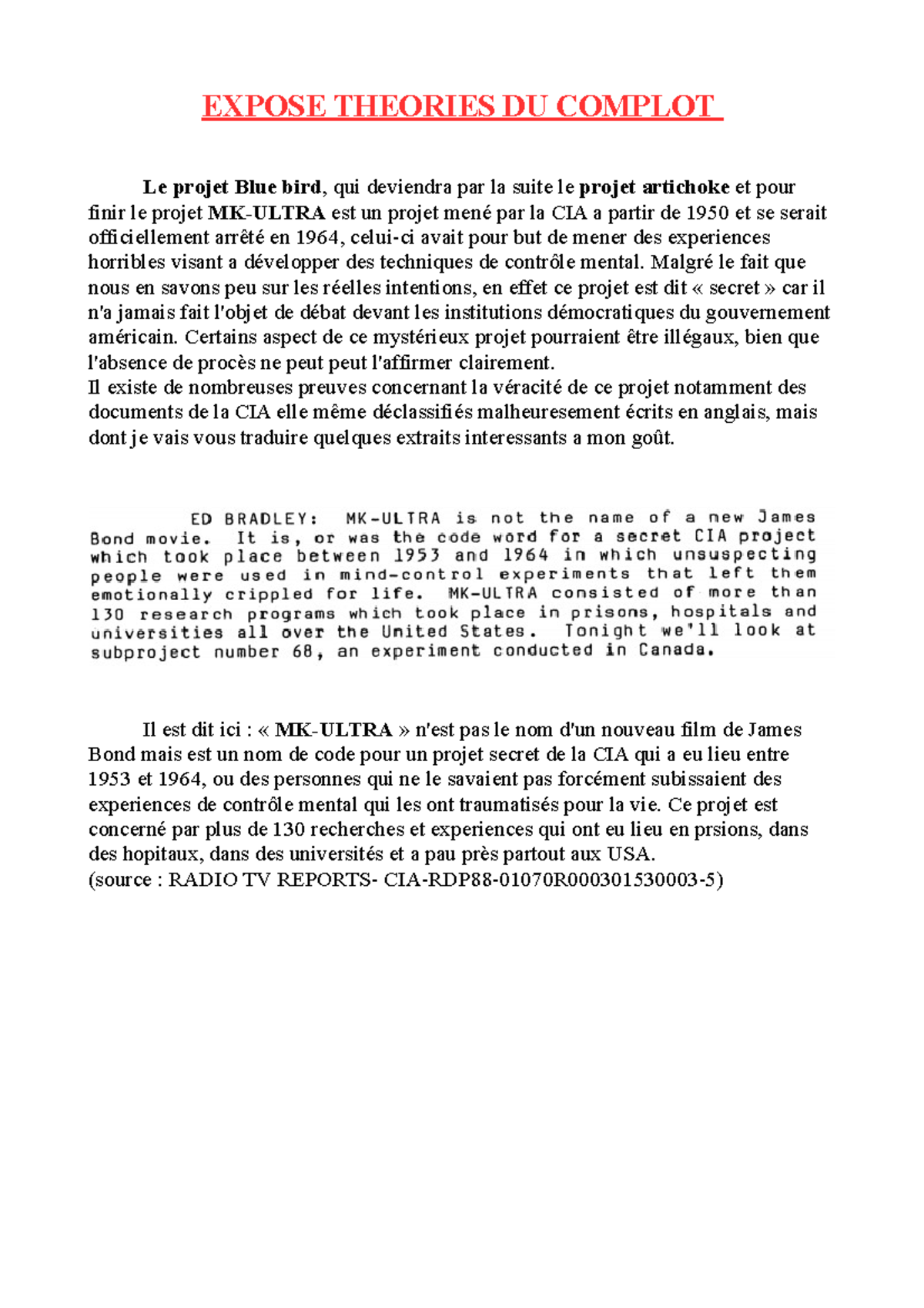 Expose Projet MK Ultra - EXPOSE THEORIES DU COMPLOT Le projet Blue bird ...