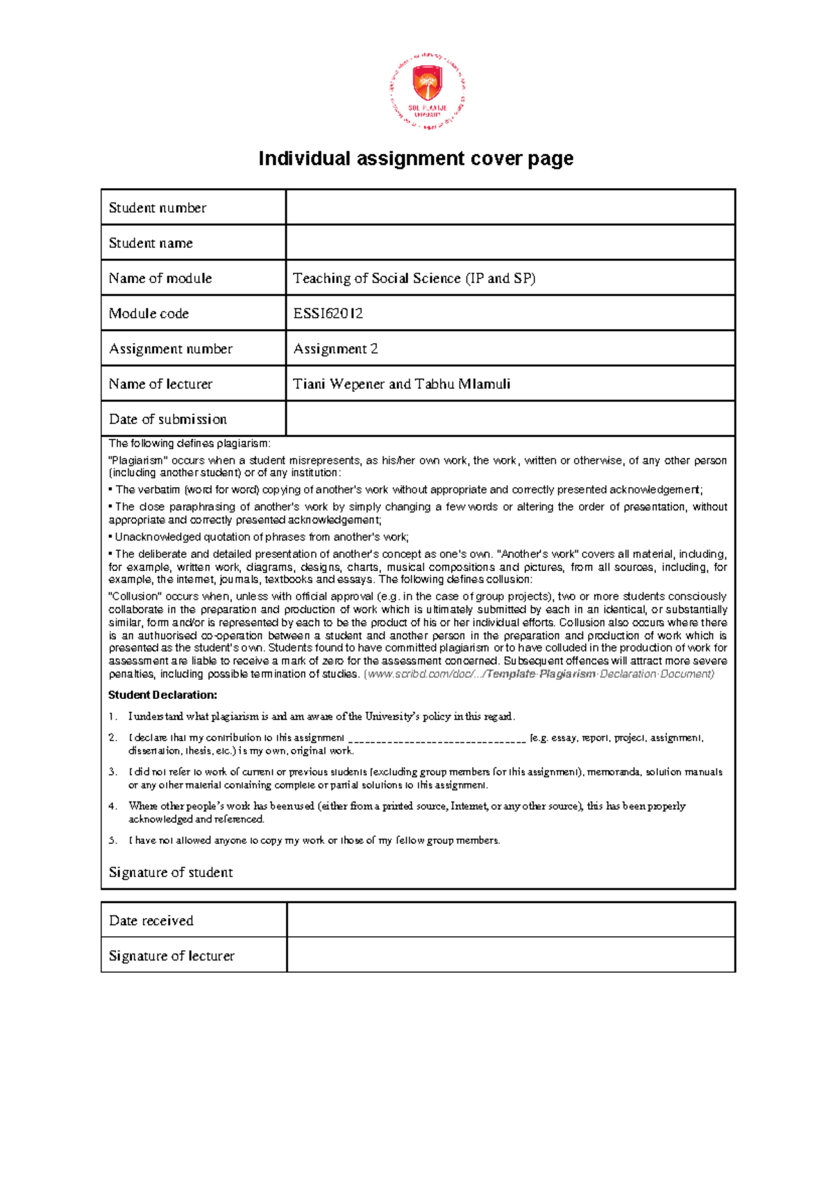 Teaching of Social Science Assignment 2 - Individual assignment cover ...