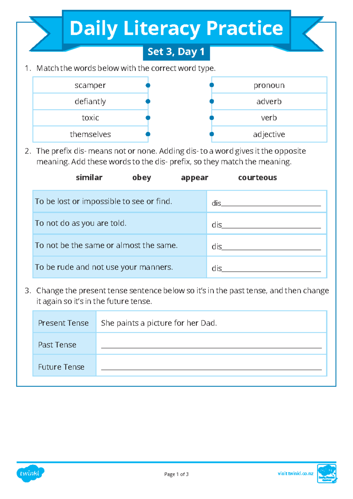 Daily Literacy Practice - Set 3 - Set 3, Day 1 1. Match the words below ...