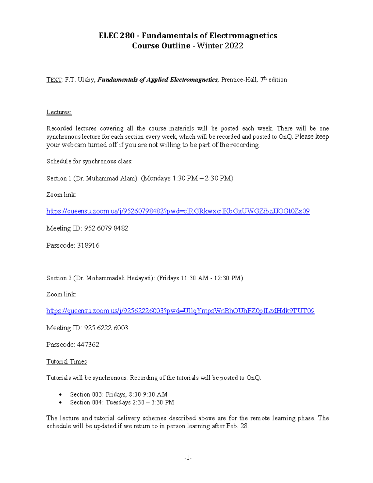 ELEC 280-2022W Course Outline / Syllabus -1- ELEC 280 - Fundamentals of Electromagnetics Course ...