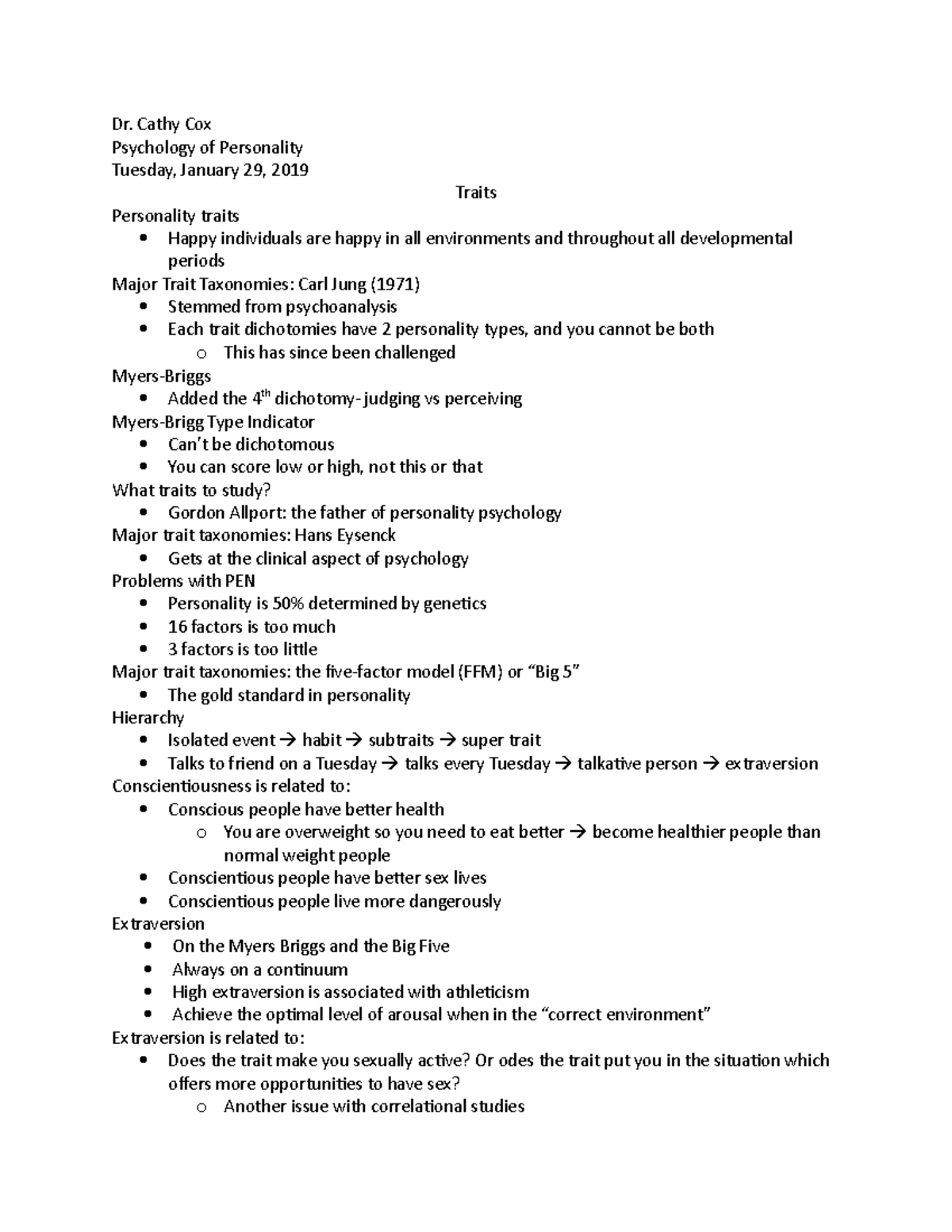 Traits - Dr. Cathy Cox - Dr. Cathy Cox Psychology of Personality ...