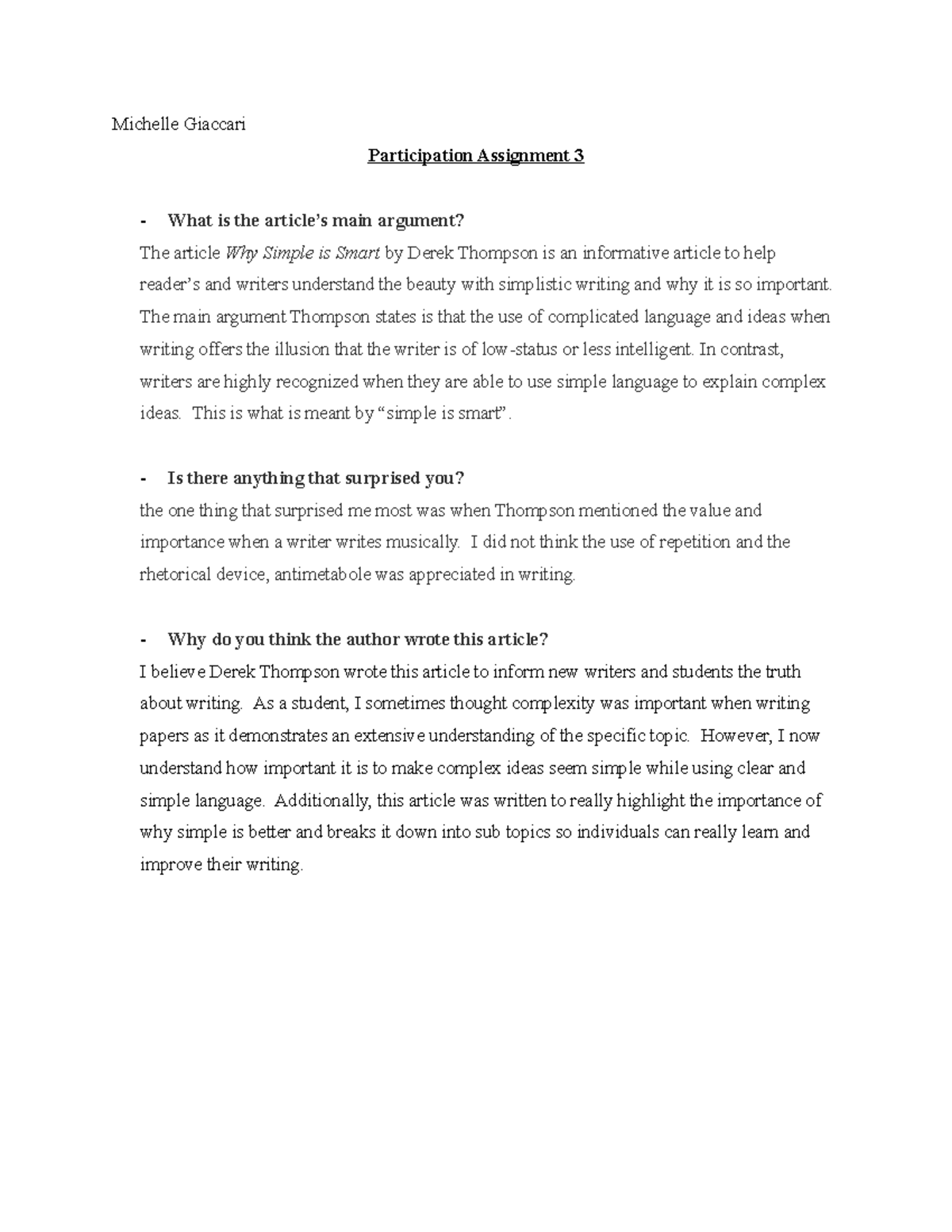 Simple Is Smart Comm 205 Participation Assignment - Michelle Giaccari ...