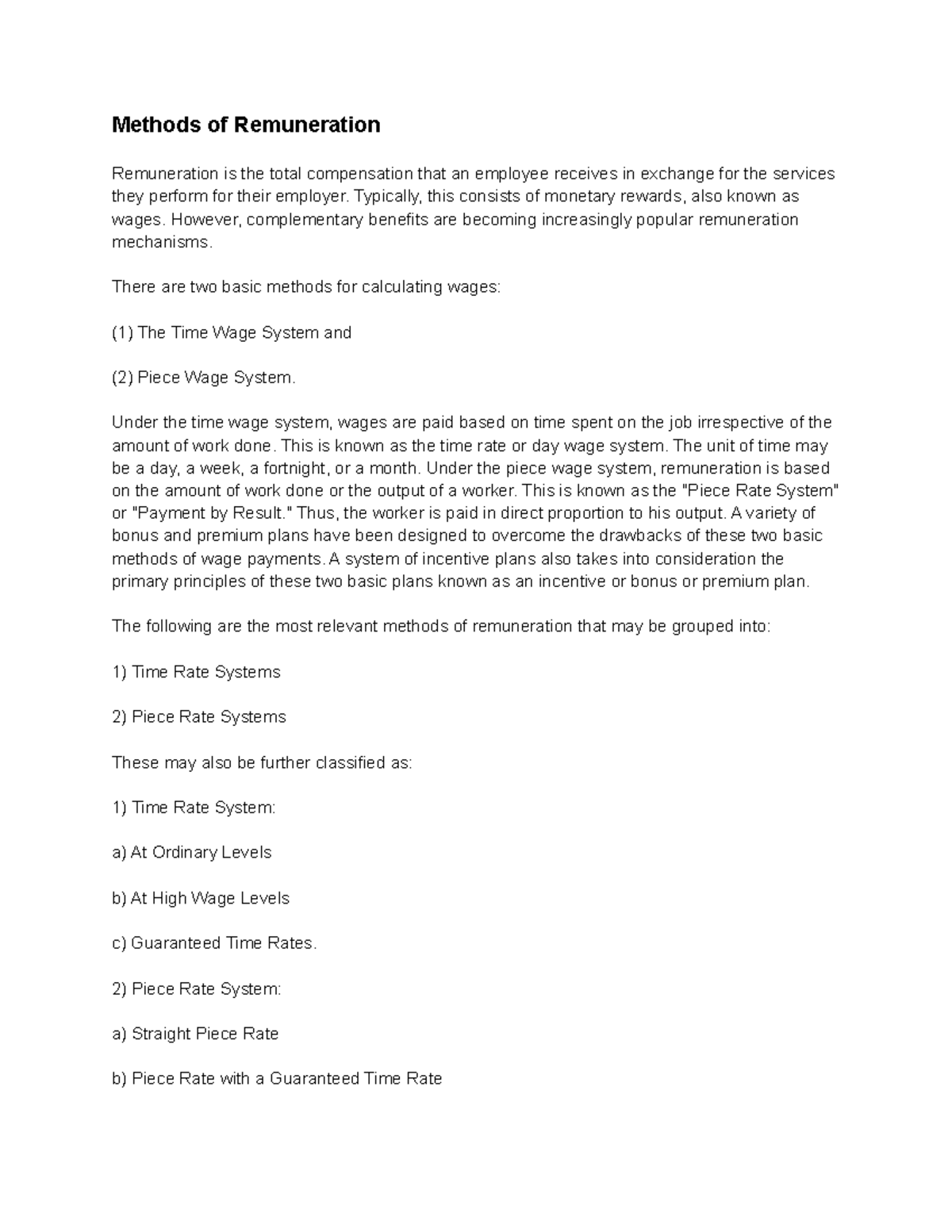 Methods of Remuneration - Methods of Remuneration Remuneration is the ...