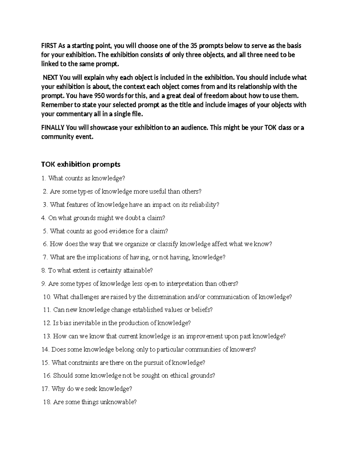 Knowledge question prompts for the exhibition - FIRST As a starting ...