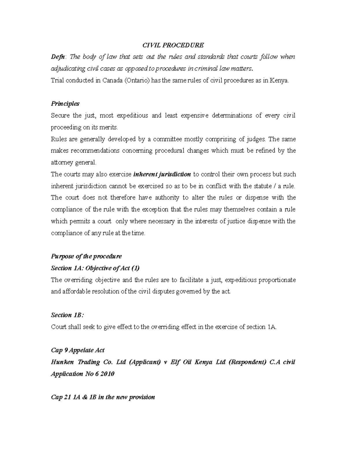 Civil Procedure NB - CIVIL PROCEDURE Defn: The body of law that sets ...