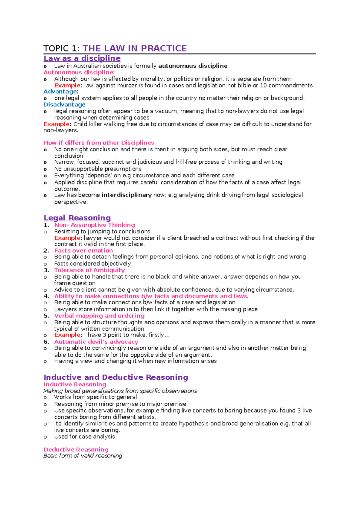 Exam notess - Exam notes - TOPIC 1: THE LAW IN PRACTICE Law as a ...