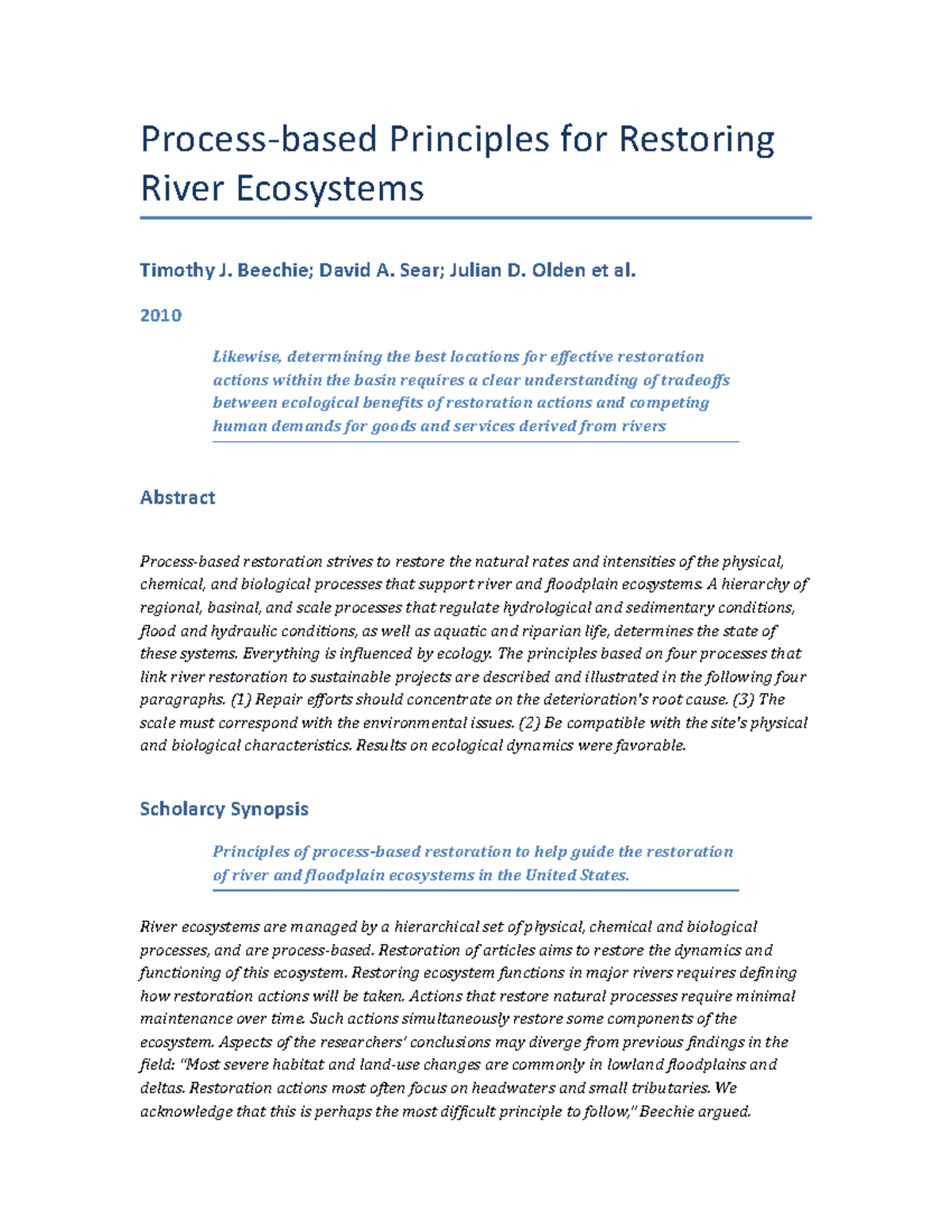 Beechie et al 2010 Restoring river ecosystems 2 - Process-based ...