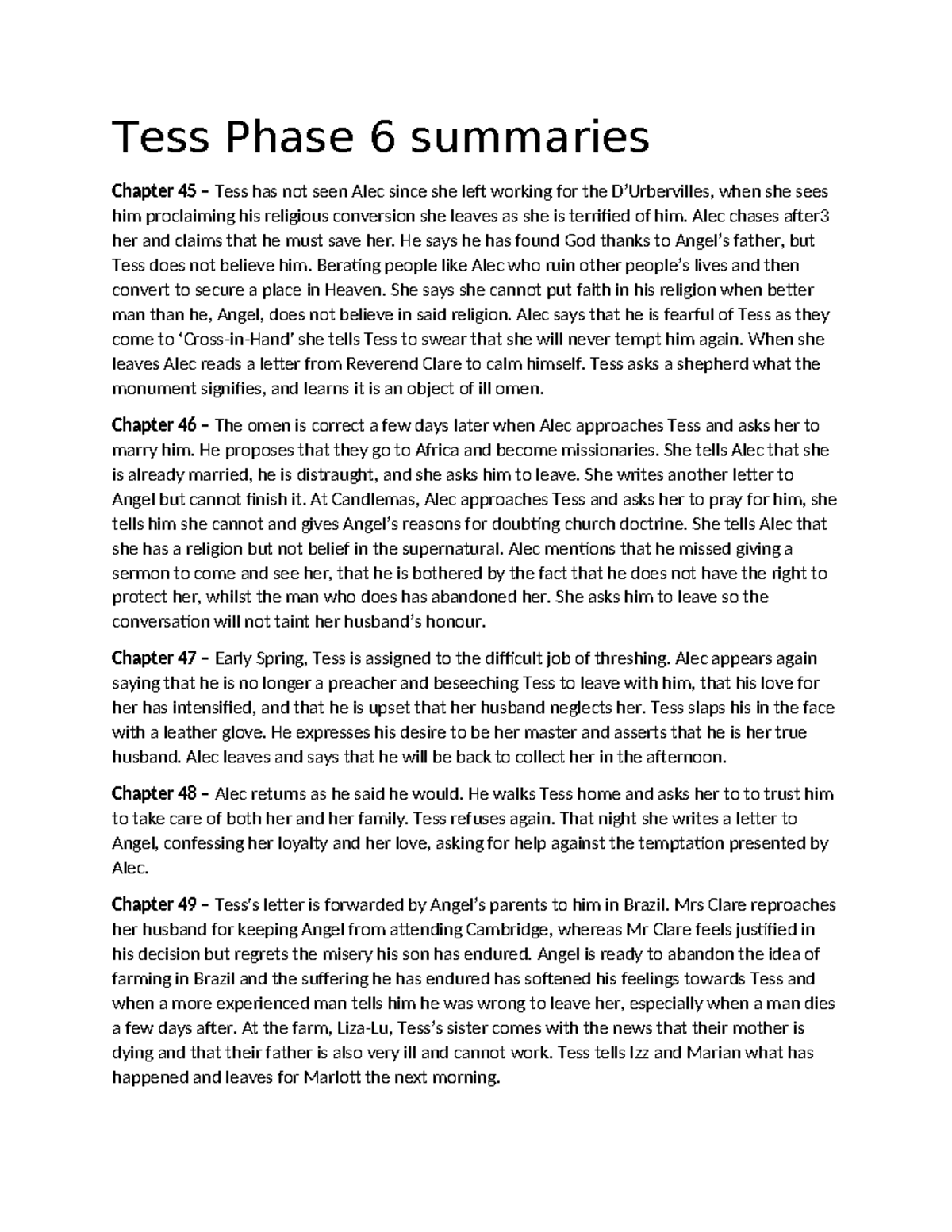 Tess of the D'Urbervilles Phase 6 summaries - Tess Phase 6 summaries ...