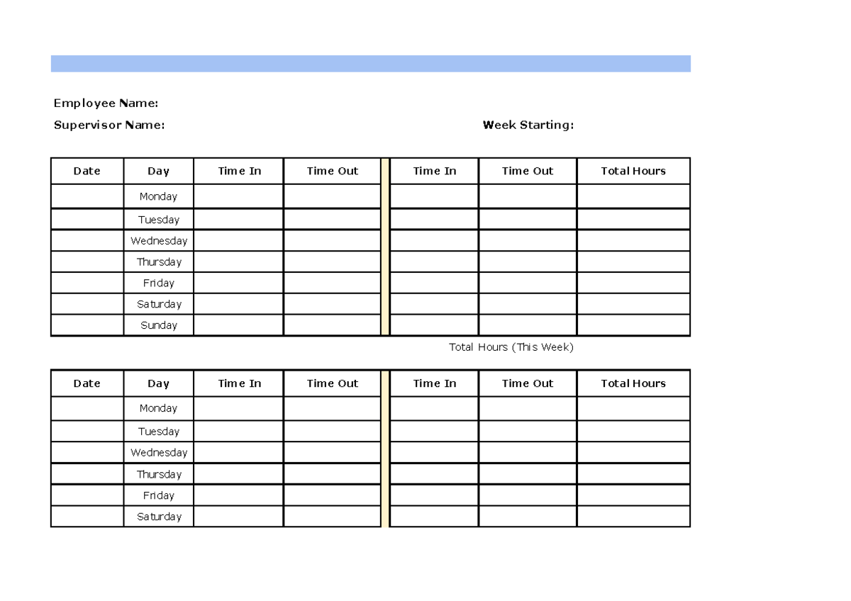 Bi Weekly Construction Timesheet Template PDF - Week Starting: Date Day ...