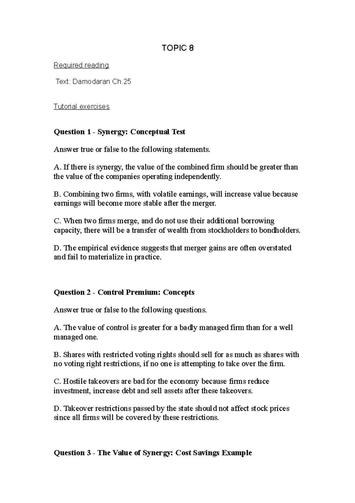 T8 tutqus 1a - Tutorial - TOPIC 8 Required reading Text: Damodaran Ch ...