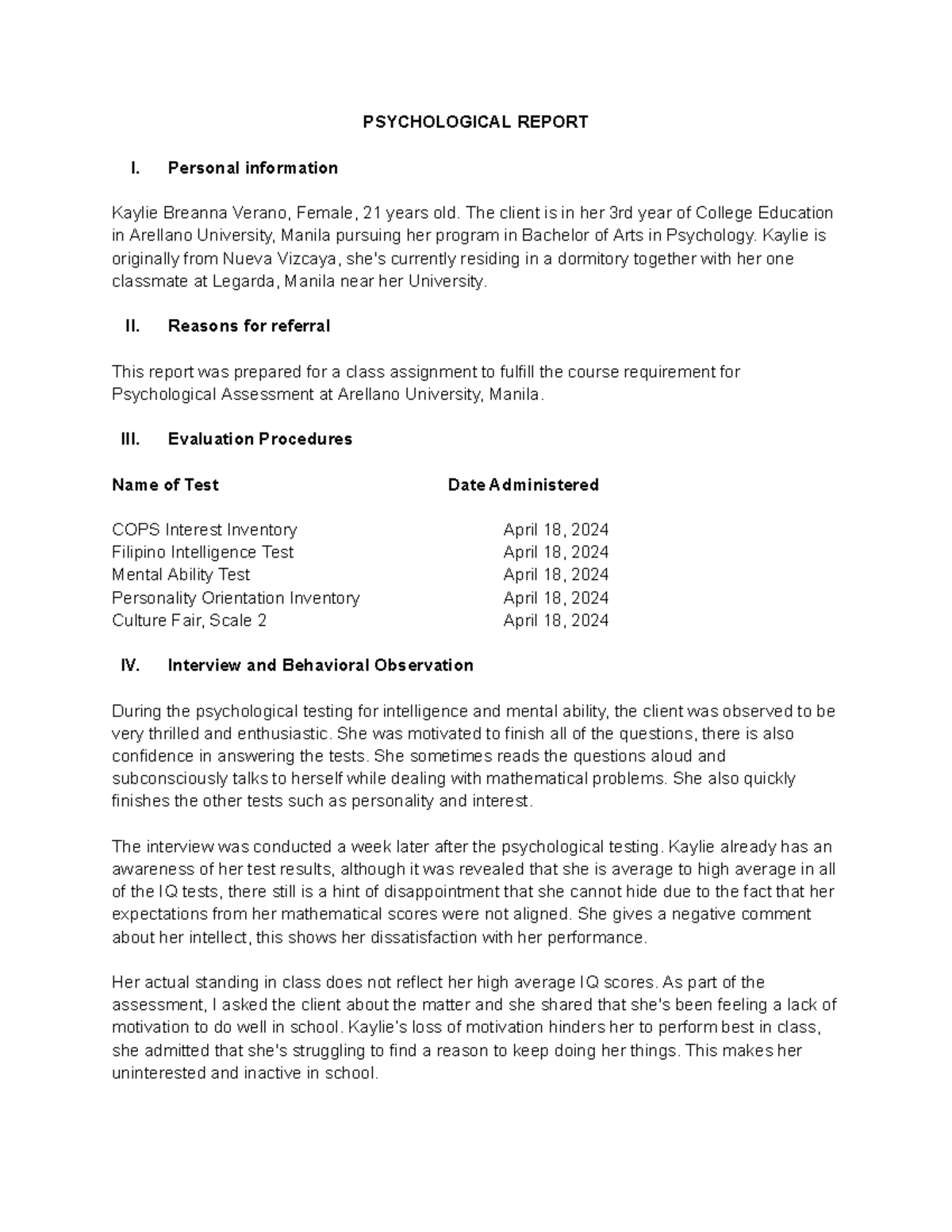 Psychological Report - PSYCHOLOGICAL REPORT I. Personal information ...