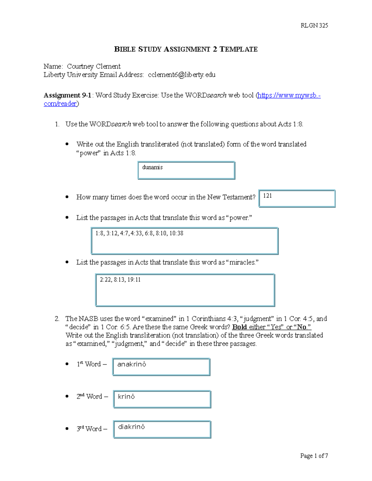 Bible Assgnment 2-RLGN 325 - BIBLE STUDY ASSIGNMENT 2 TEMPLATE Name ...