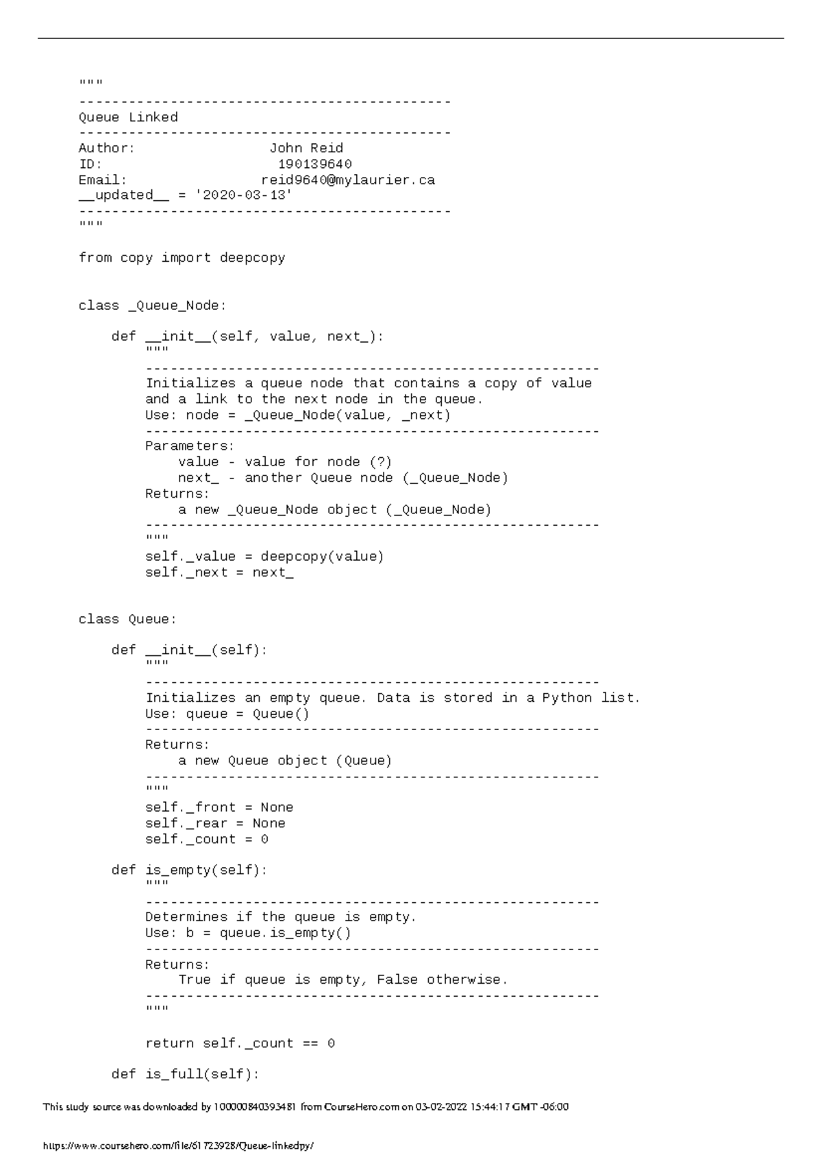 Queue Linked Queue Linked Author John Reid Id 190139640 Email