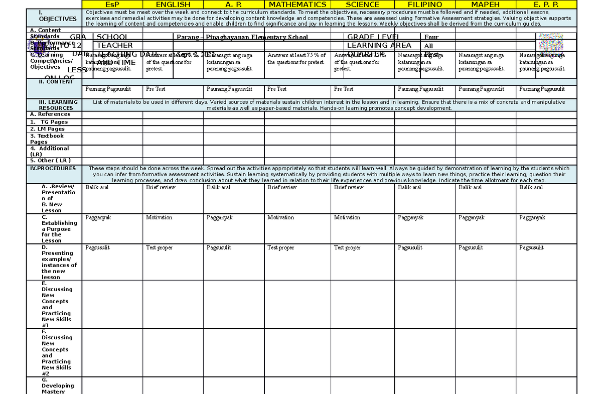 DLL PRE-TEST - DLL_ - GRA DE 1 TO 12 DAIL Y LESS ON LOG SCHOOL Parang ...