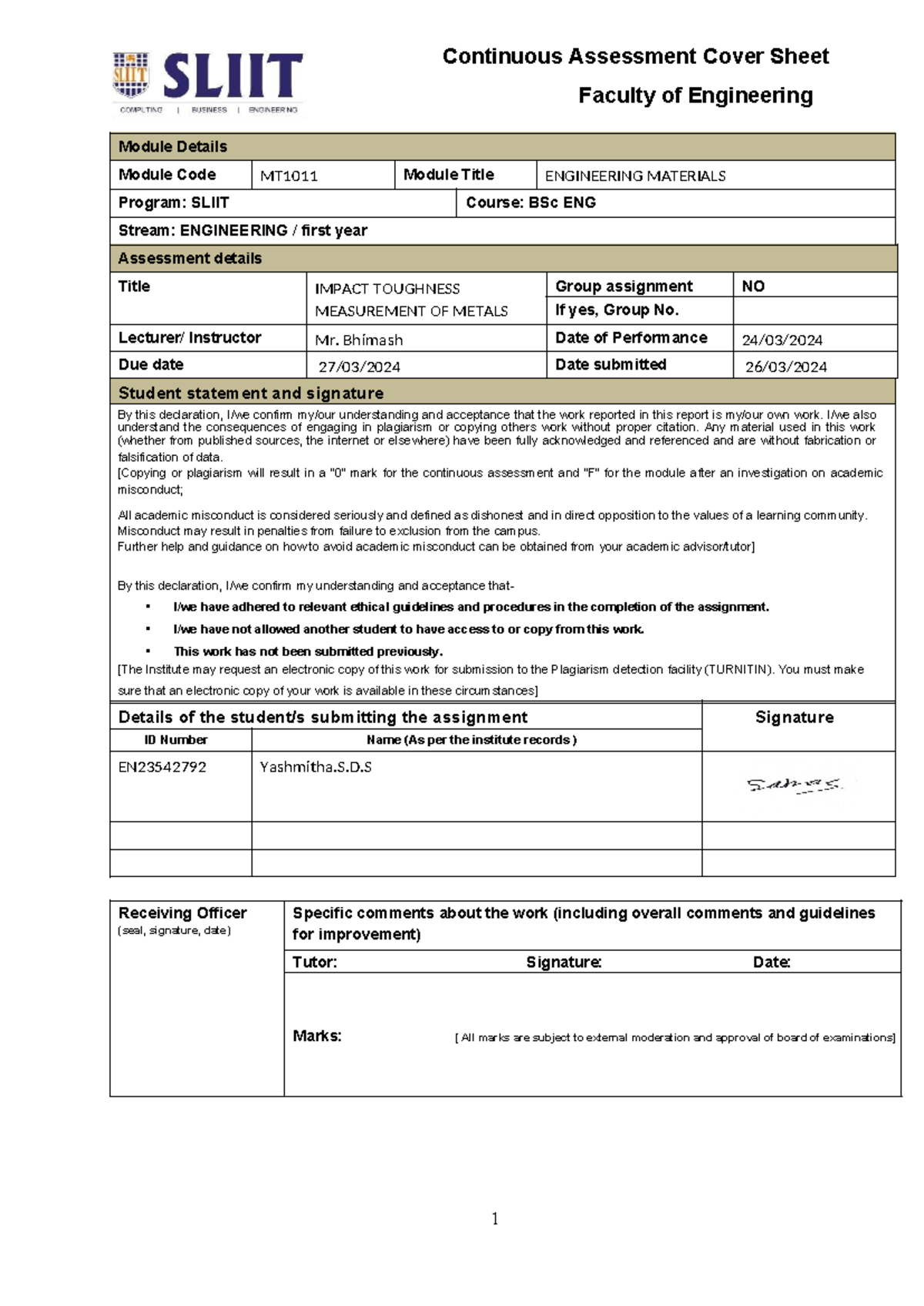 Impact TEST lab report - ####### Continuous Assessment Cover Sheet ...
