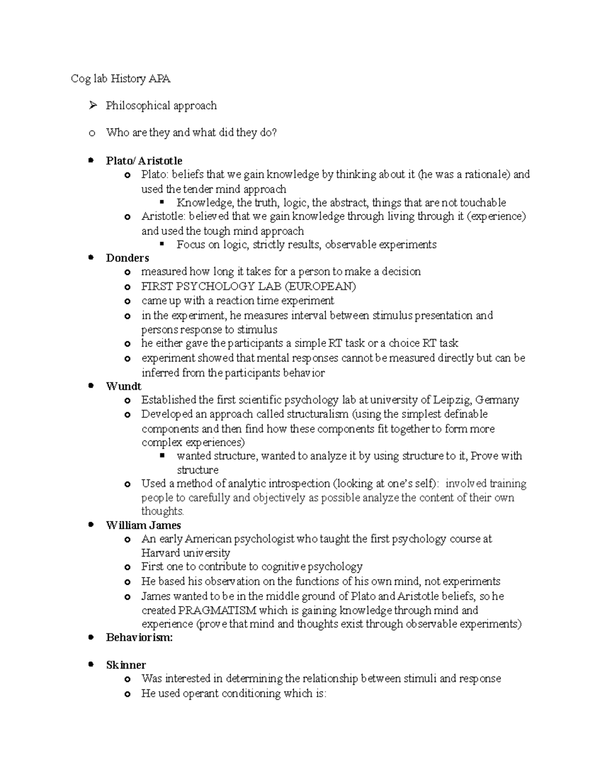 Cog lab History APA notes - Cog lab History APA Philosophical approach ...