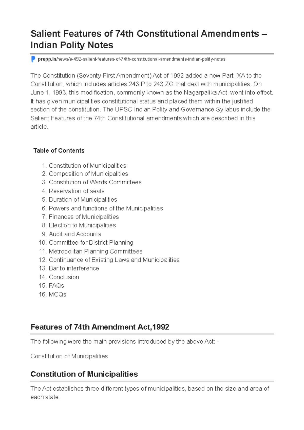 Salient Features of 74th Constitutional Amendments – Indian Polity ...