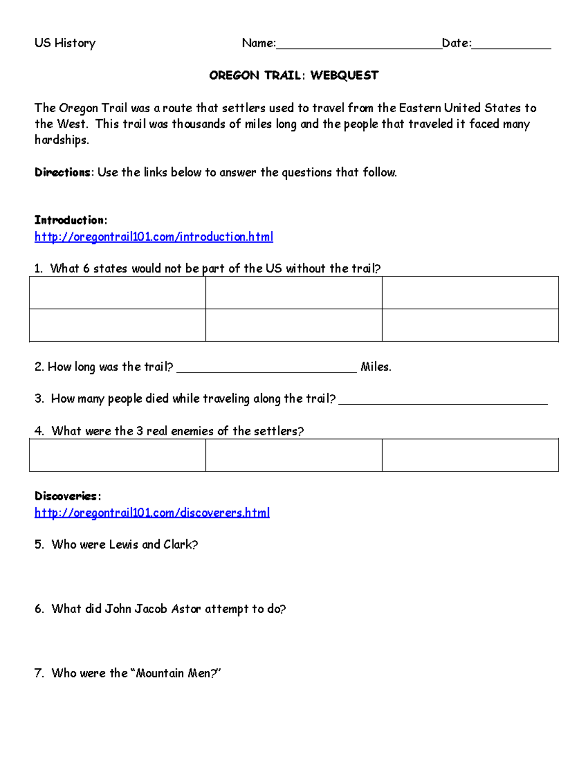 Oregon Trail Web Quest - US History Name:____________Date: OREGON TRAIL ...