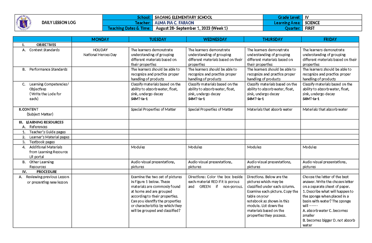 DLL Science-4 Q1 W1 - daily lesson plan for grade 4 - DAILY LESSON LOG ...