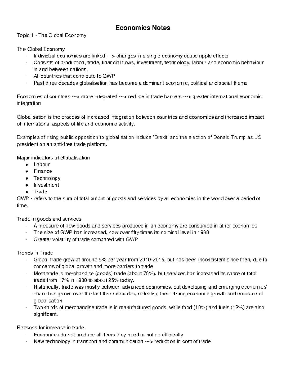 Economics Notes(my own notes) - Economics Notes Topic 1 - The Global ...