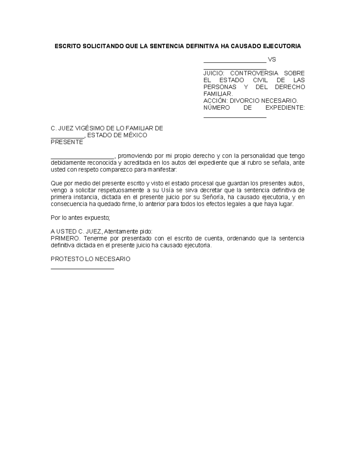 Escrito Solicitando QUE LA Sentencia Definitiva HA Causado Ejecutoria - ESCRITO SOLICITANDO QUE ...