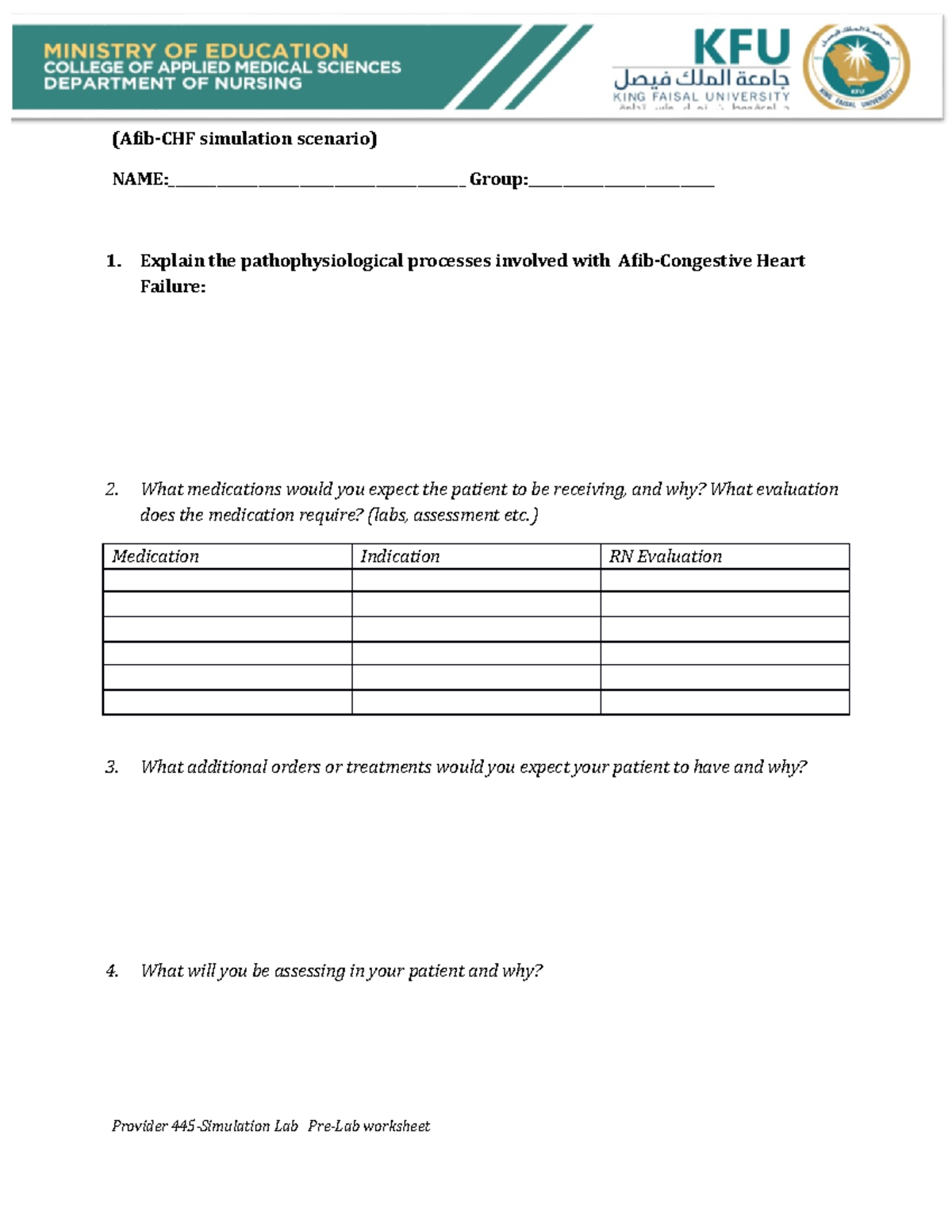 1-Pre simulation worksheet CHF - (Afib-CHF simulation scenario) - Studocu