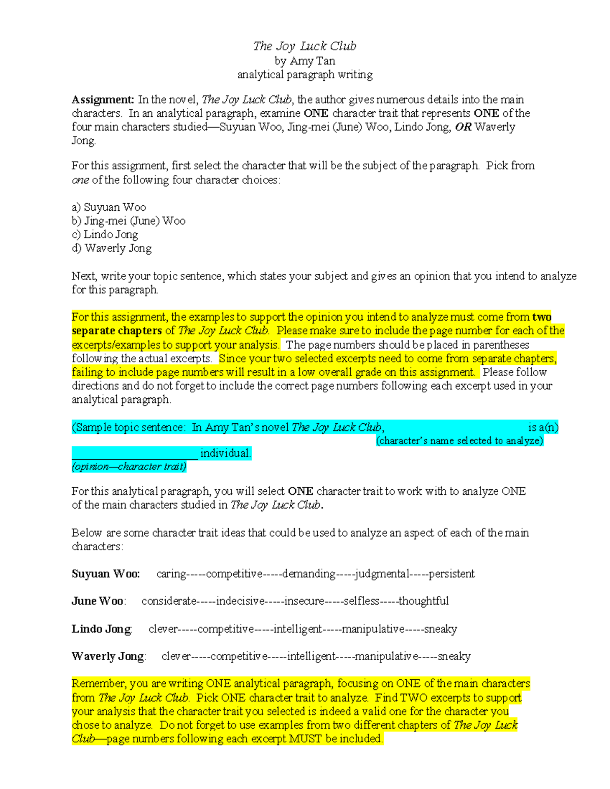 The Joy Luck Club- Analytical paragraph on Waverly Jong - The Joy Luck ...