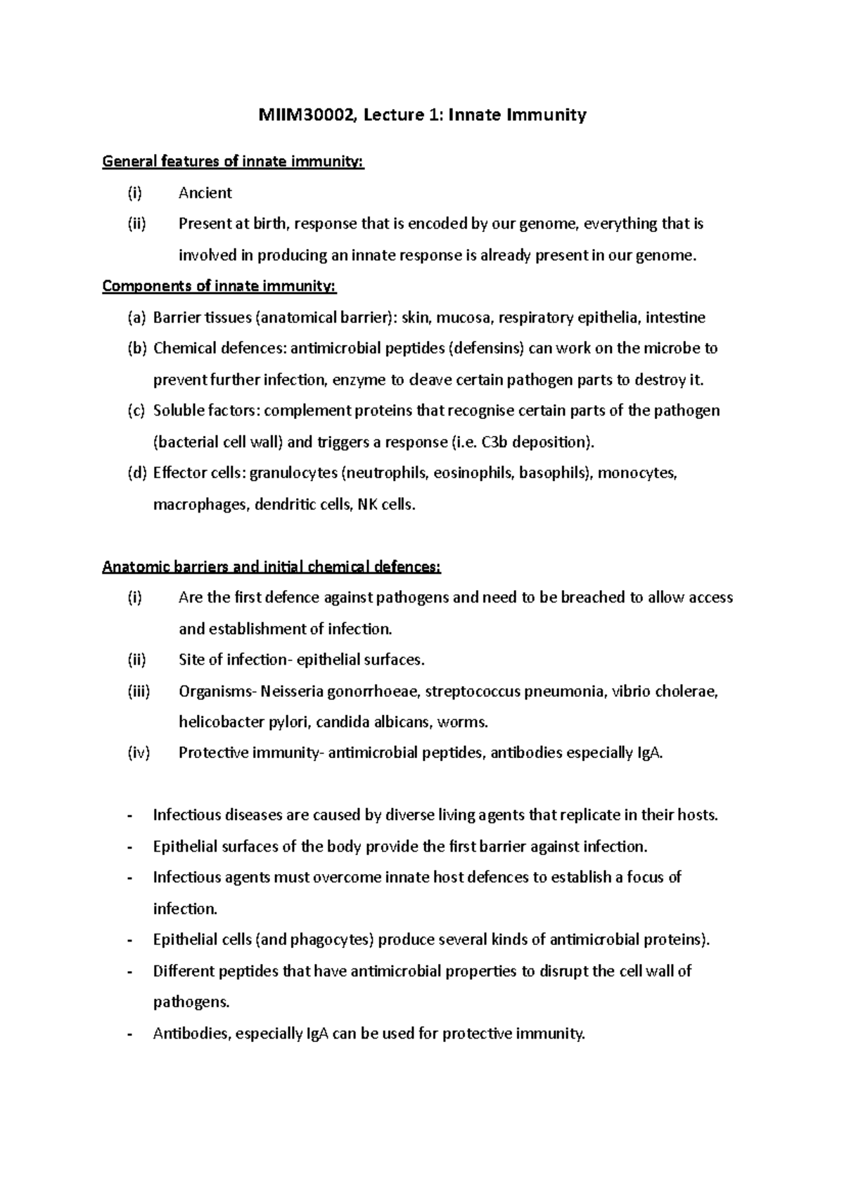 MIIM30002 Lecture 1 - Detailed notes that outlines the Innate Immune ...