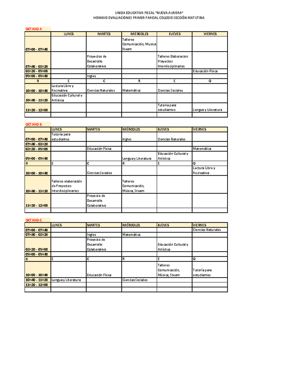 Horarios Pruebas 1P Matutina - HORARIO EVALUACIONES PRIMER PARCIAL COLEGIO SECCIÓN MATUTINA ...