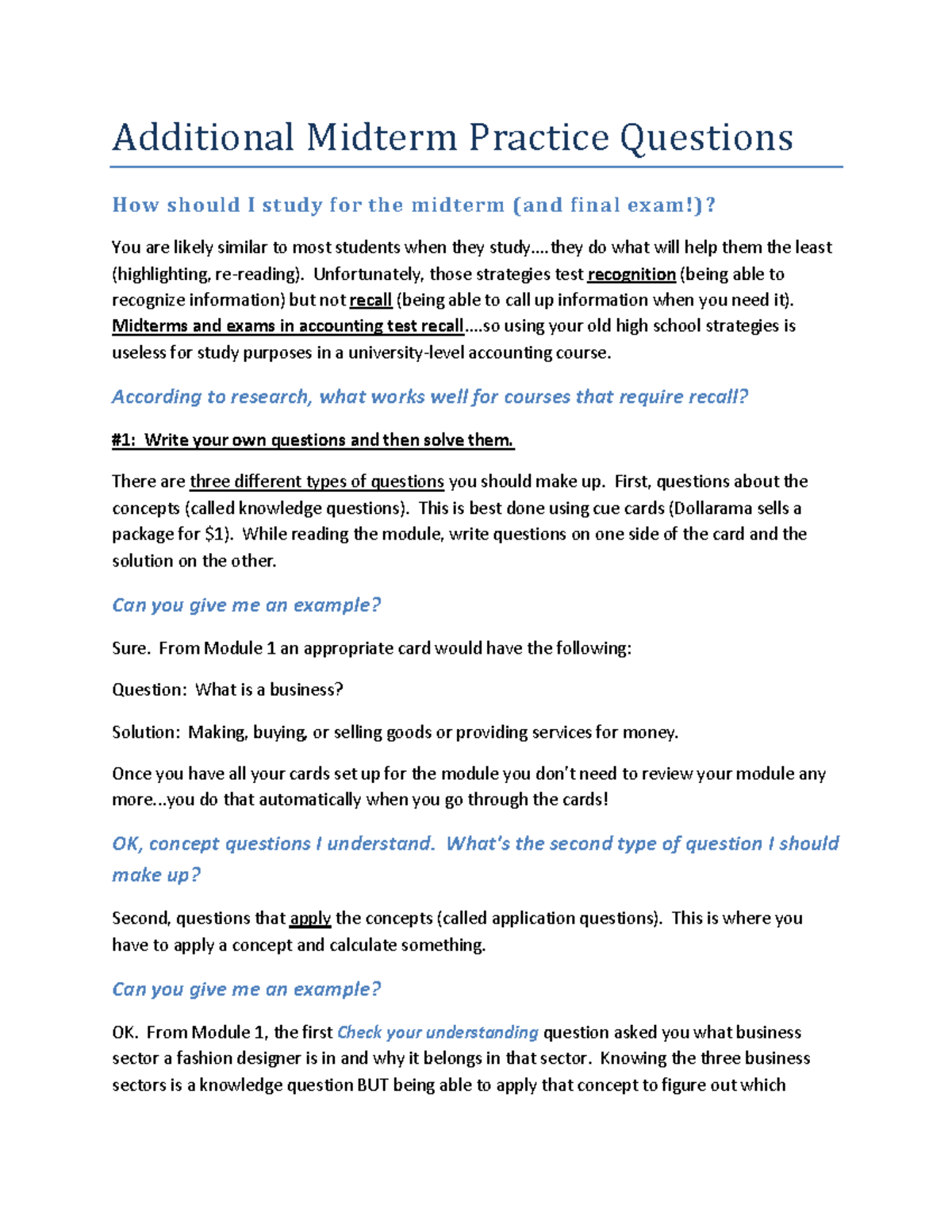 Midterm Review Practice Questions - Additional Midterm Practice Questions How should I study for ...