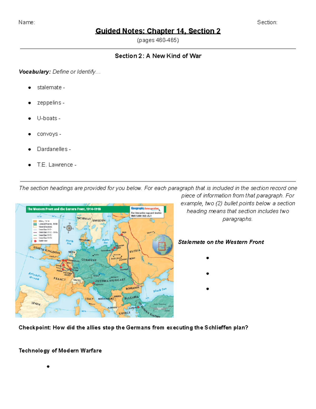 14.2 Guided Notes - World War I - Name: Section: Guided Notes: Chapter ...