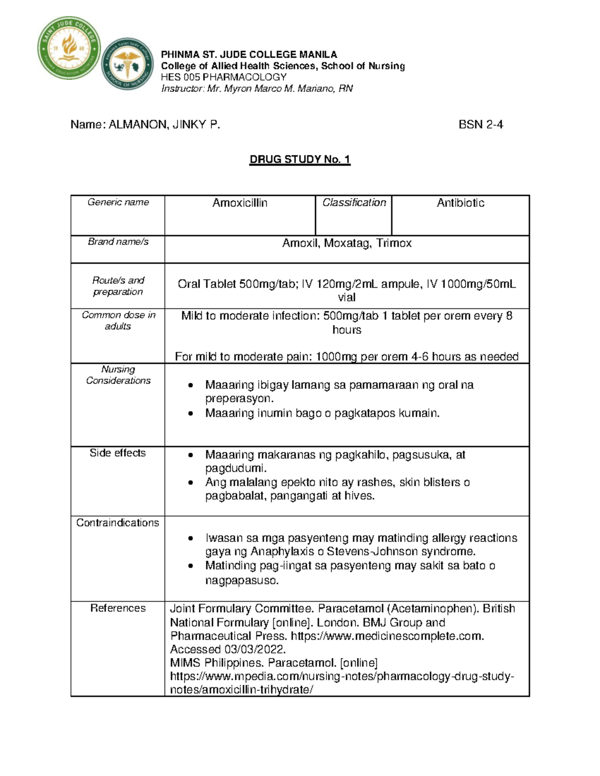 Pharma Drug Study Template - PHINMA ST. JUDE COLLEGE MANILA College of ...
