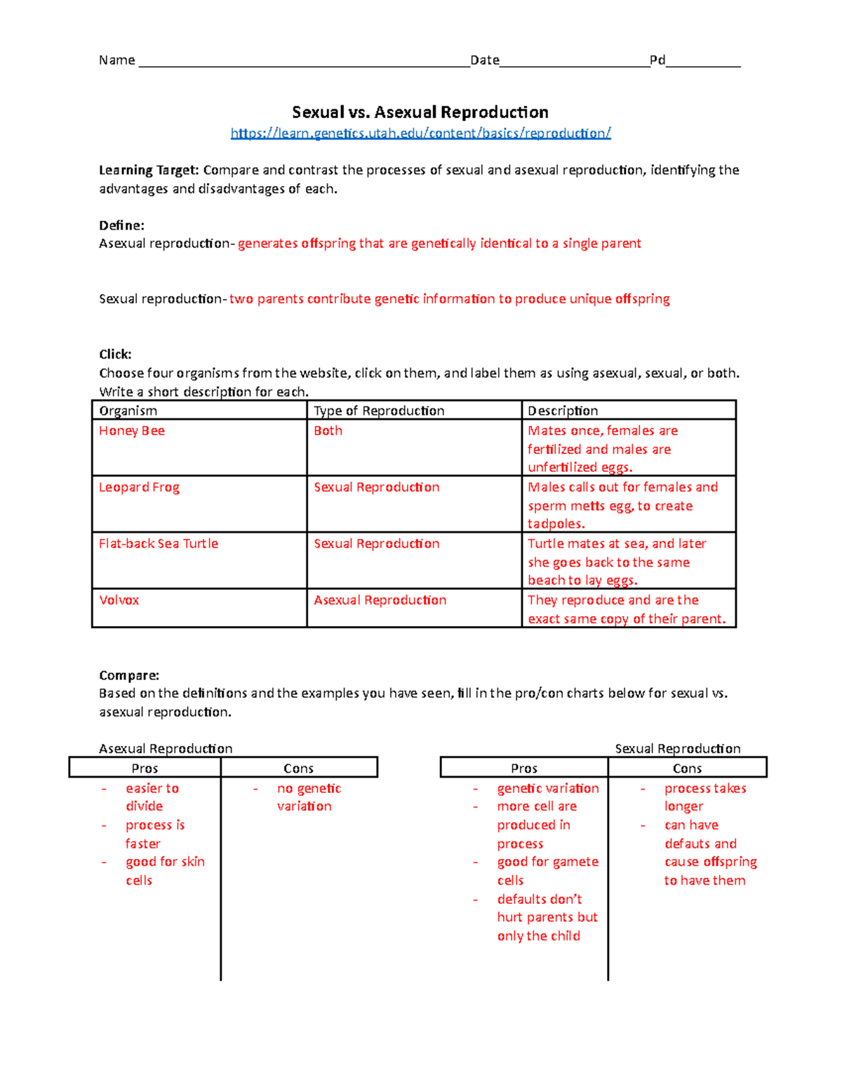 Asexual vs Sexual Reproduction Activity Biology Honors - Name - Studocu