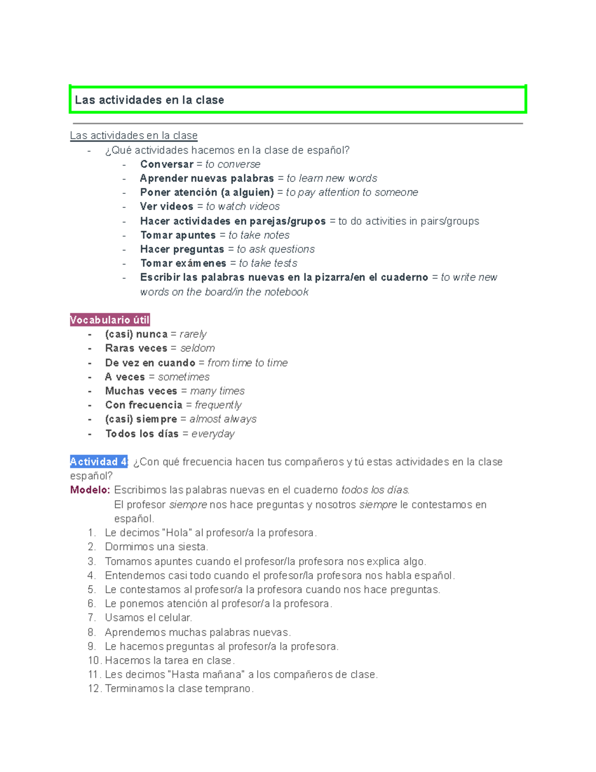 Vocabulario Las actividades en la clase-2 - Las actividades en la clase ...