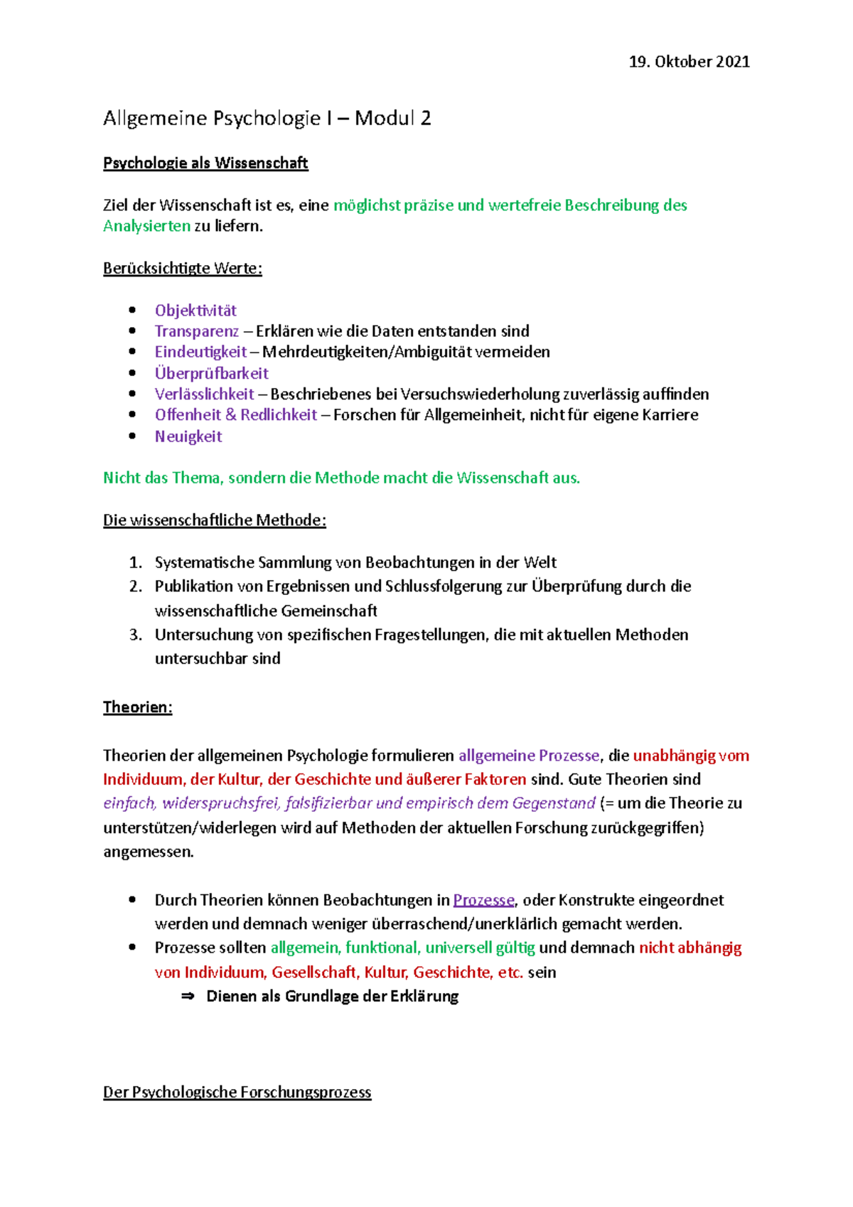 M03 Allgemeine Psychologie I - Vorlesung 2 Zusammenfassung - Oktober 2021 Allgemeine Psychologie ...