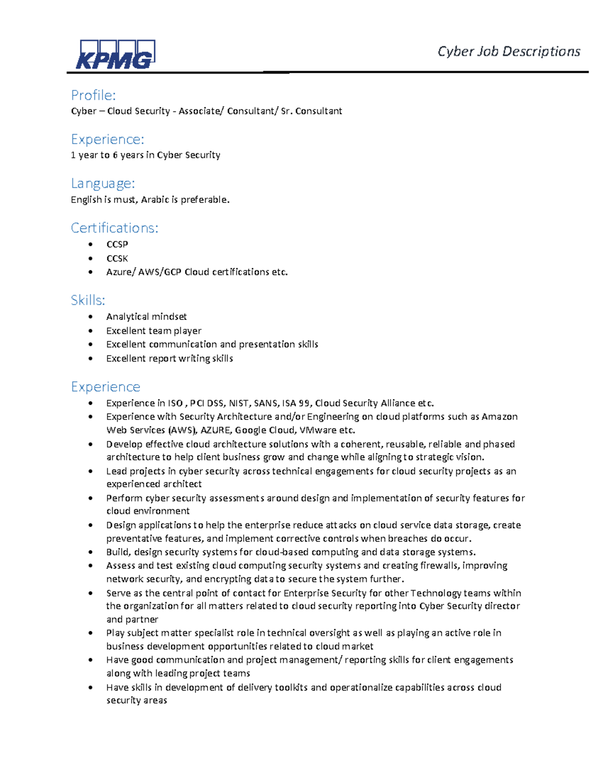 Cyber Cloud Security (Associate to Sr Con) - Cyber Job Descriptions ...