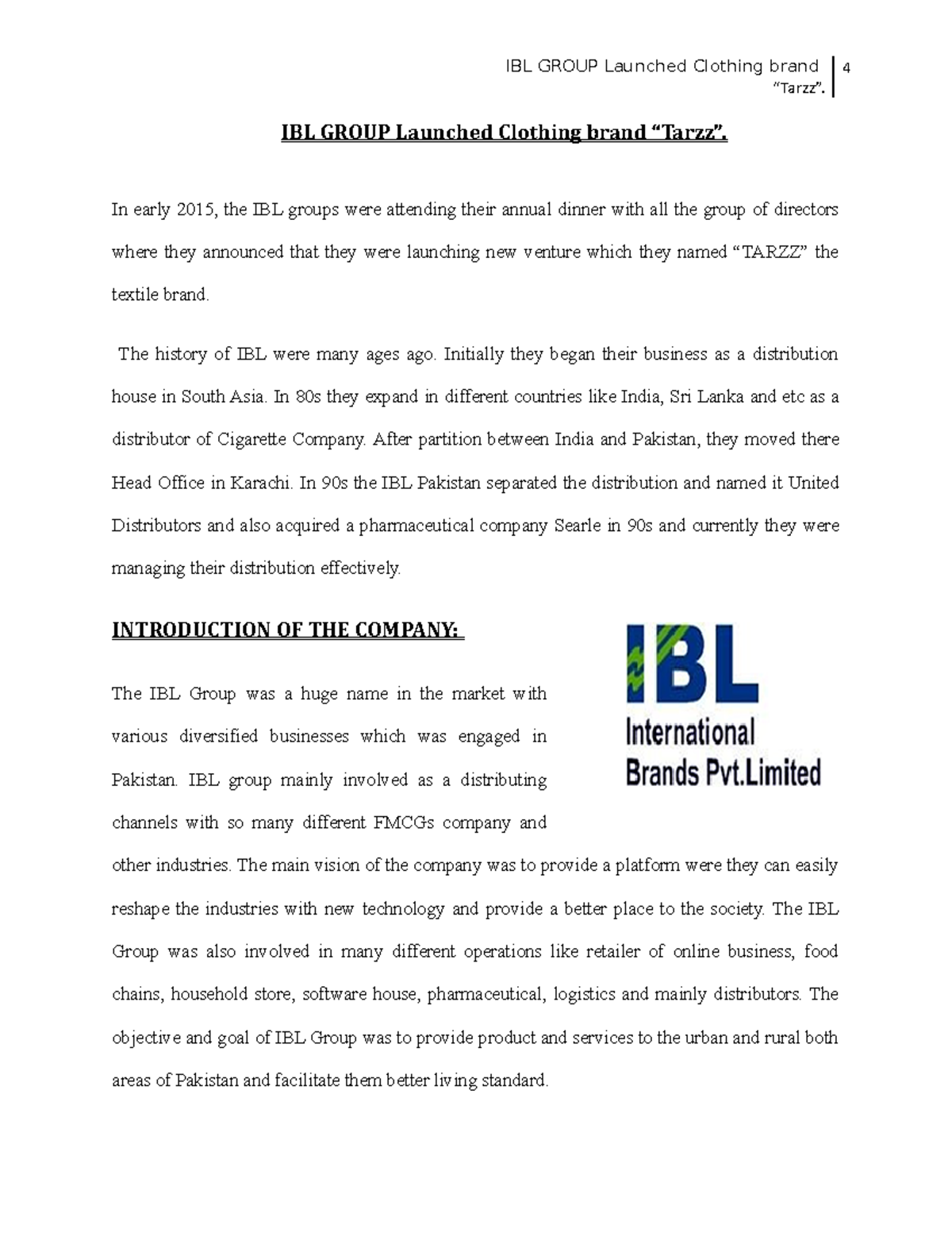 Case study (IBL Group Launched Clothing brand “Tarzz”). (1) - IBL GROUP ...
