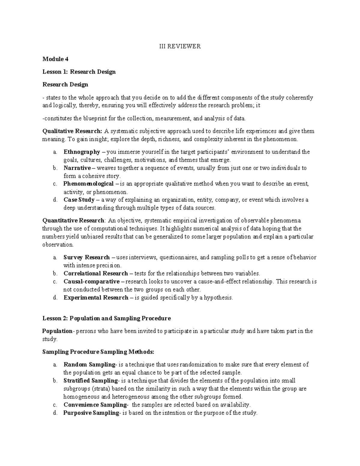 A- III Reviewer - III REVIEWER Module 4 Lesson 1: Research Design ...
