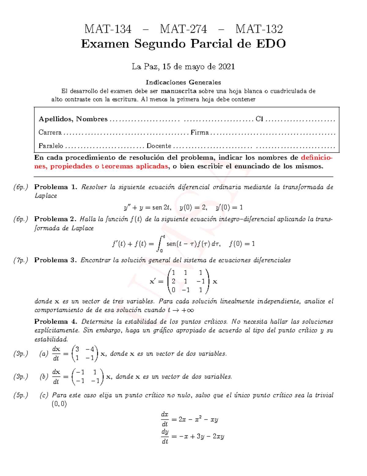 2 Parcial EDO (B) - Examen - UMSA MAT-134 – MAT-274 – MAT- Examen ...