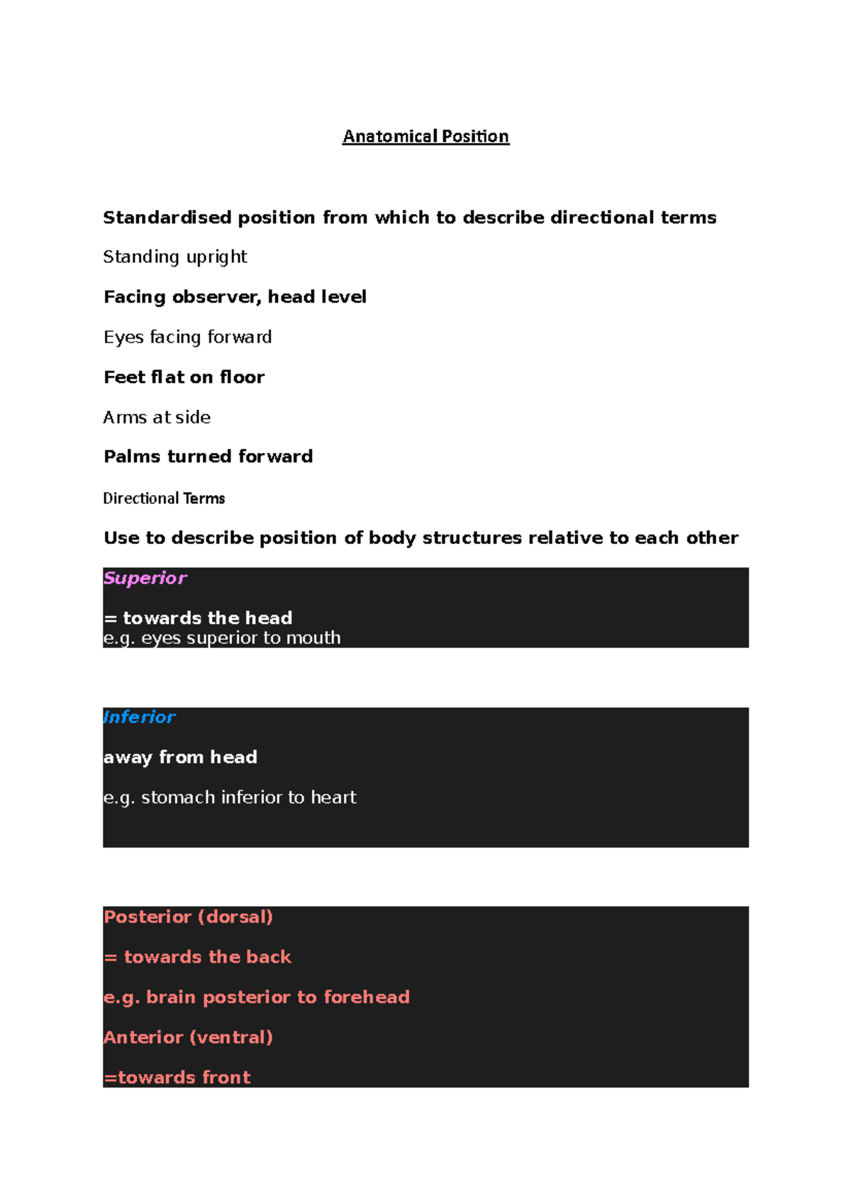 Anatomical Position - Lecture notes 1 - Anatomical Position ...