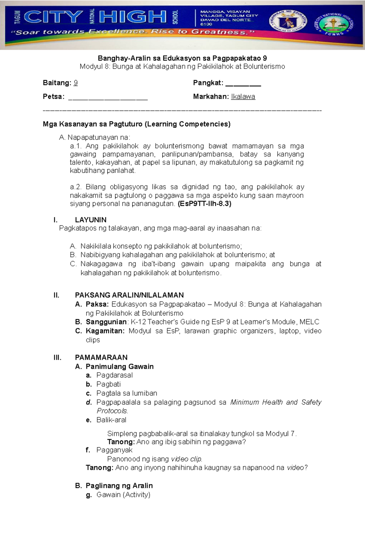 Lesson Plan - EsP 9 - Banghay-Aralin sa Edukasyon sa Pagpapakatao 9 Modyul 8: Bunga at ...