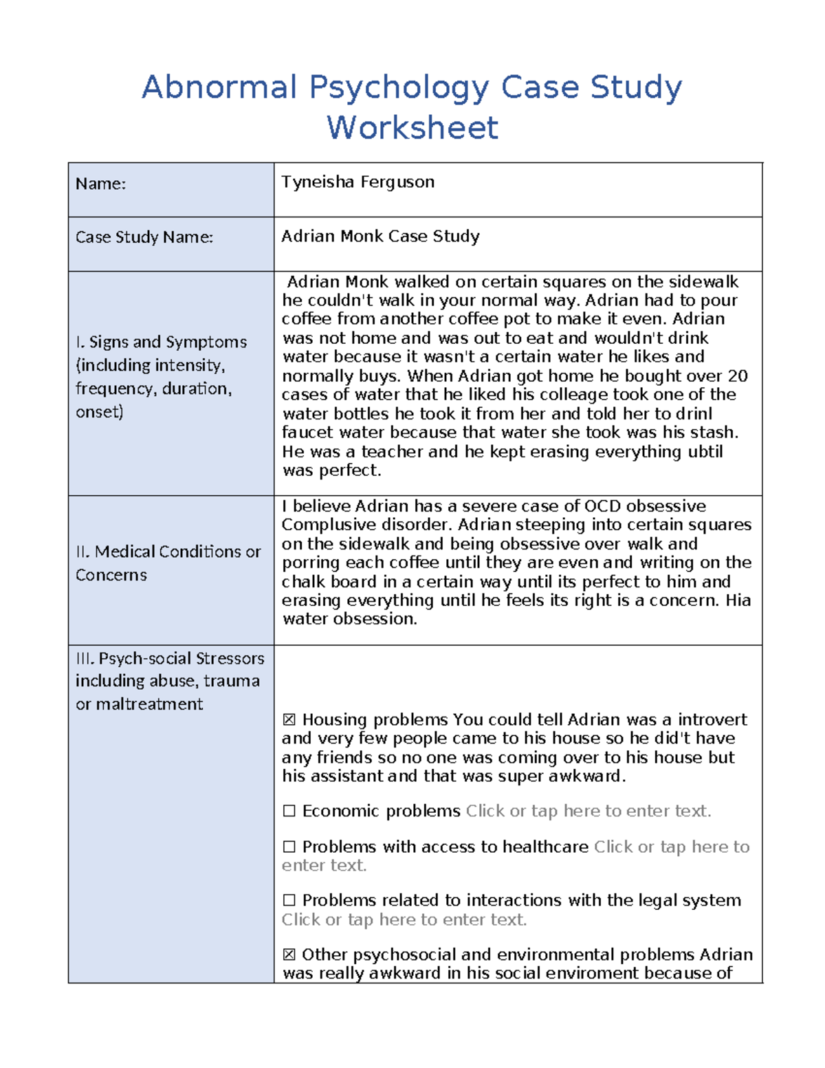 Case Study Worksheet - course work - Abnormal Psychology Case Study ...