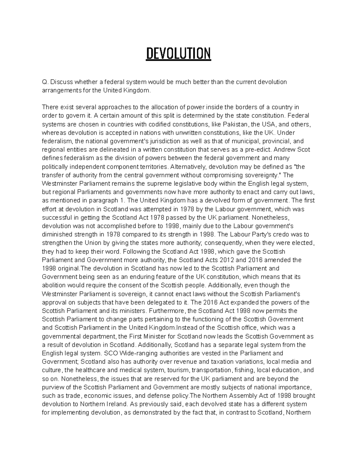 Devolution - Important Essay - DEVOLUTION Q. Discuss whether a federal system would be much ...