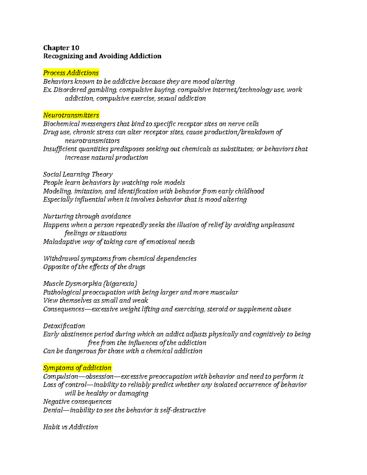 Final Study Guide - Chapter 10 Recognizing and Avoiding Addiction ...